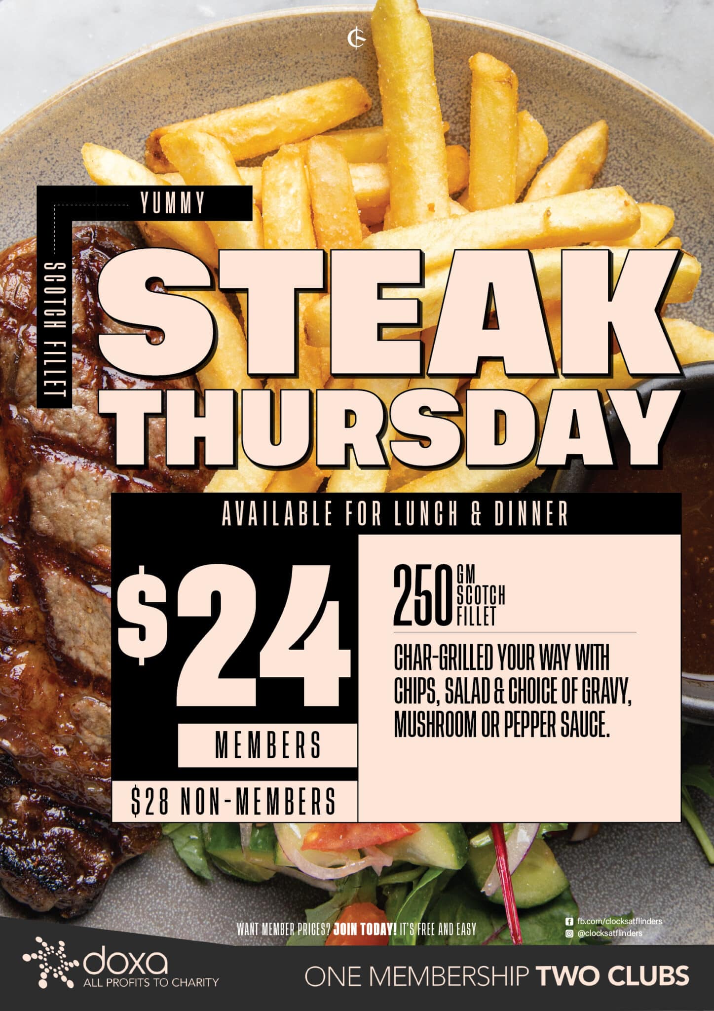 $26 Steak Thursday - Clocks at Flinders